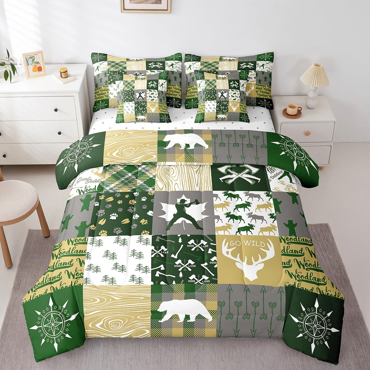 Hunting 7 Pcs Comforter Set Queen Bear Paw Print Bedding Deer Cow Wildlife Wood Plaid Lumberjack ...