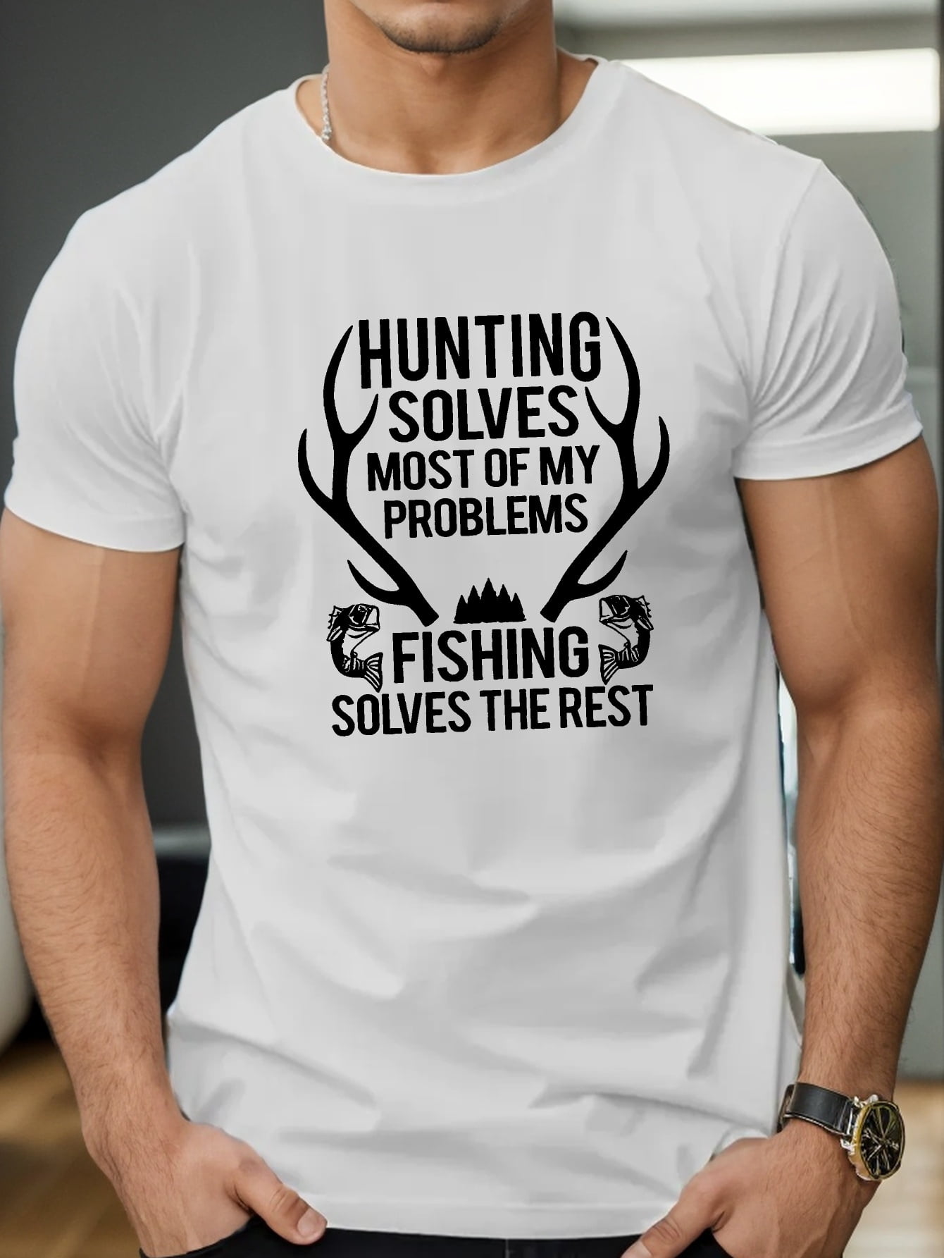 Hunting AND Fishing Printed Men's Casual T-Shirt, Polyester, Soft ...