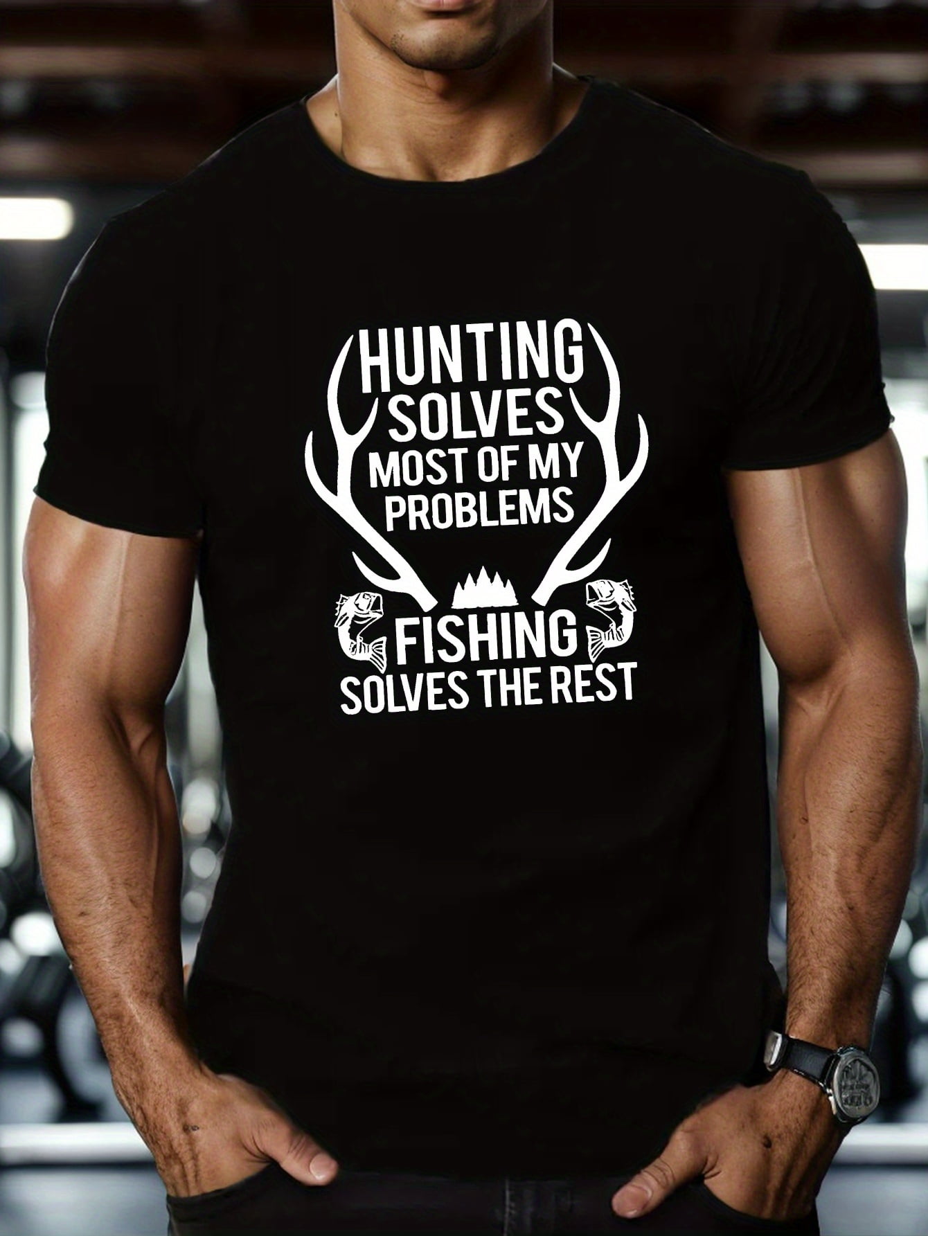 Hunting AND Fishing Printed Men's Casual T-Shirt, Polyester, Soft ...