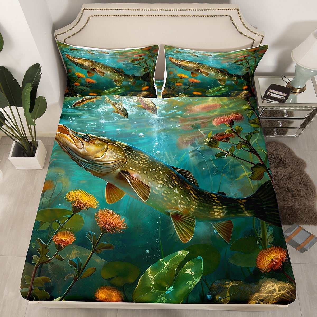 Hunting And Fishing Bedding Set Big Fish Fitted Sheet For Boys Girls ...