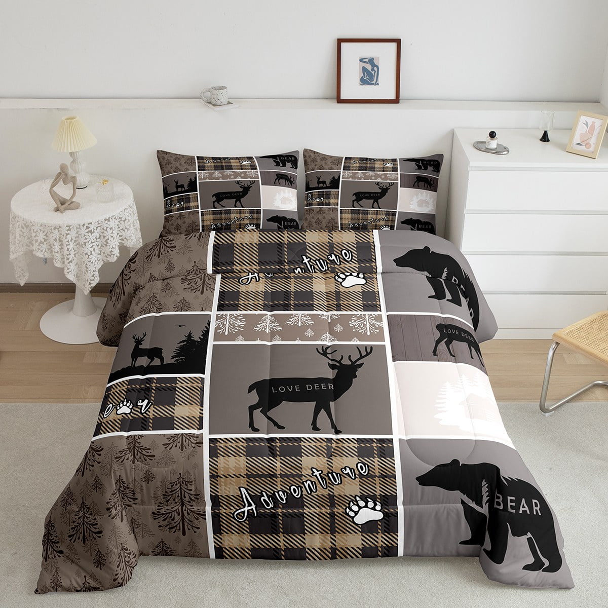 Hunting Bear Comforter Set For Boys, Rustic Cabin Lodge Bedding Queen Size, Vintage Farmhouse ...