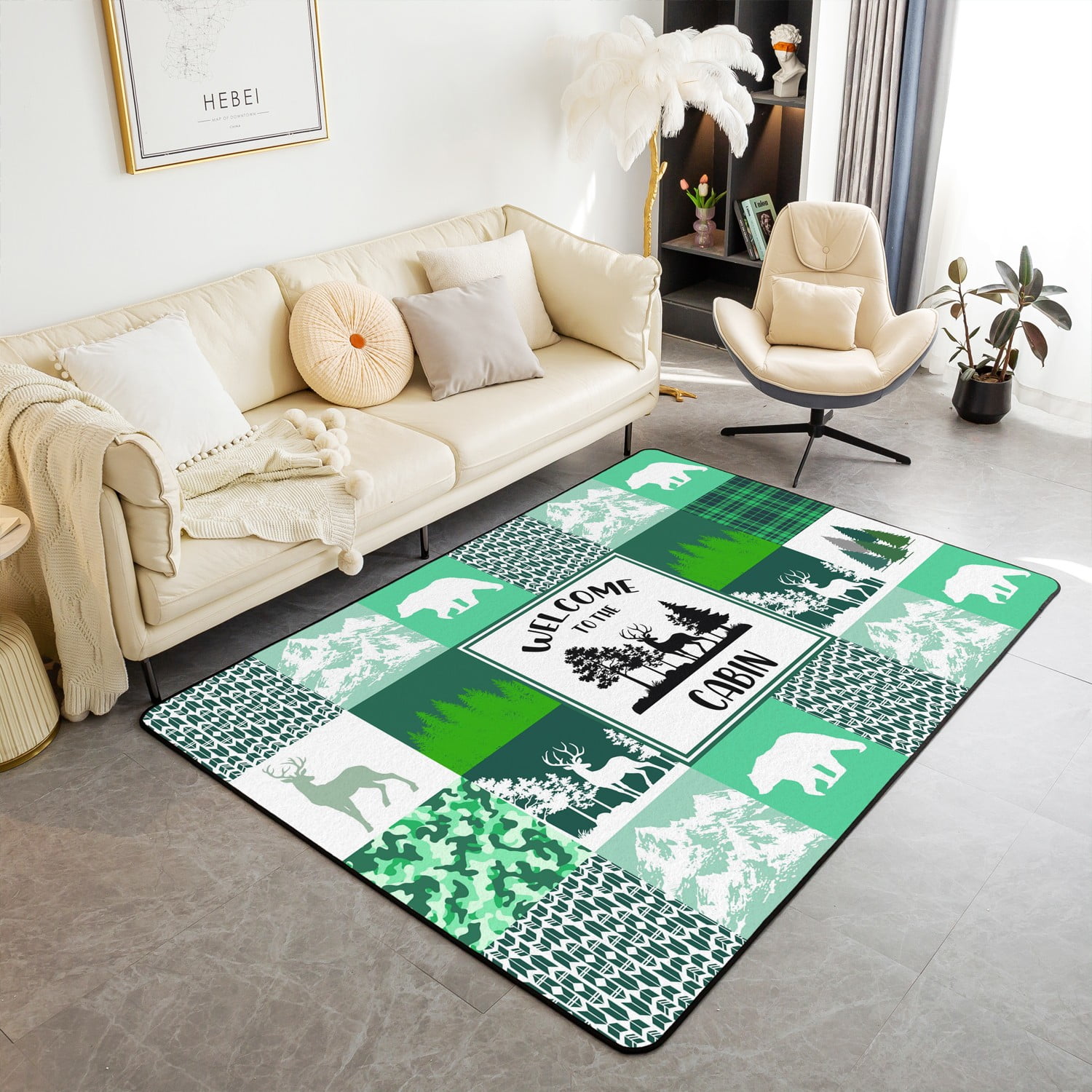 Hunting Bear Deer Area Rug 5x7, Rustic Farmhouse Cabin Living Room Rugs ...