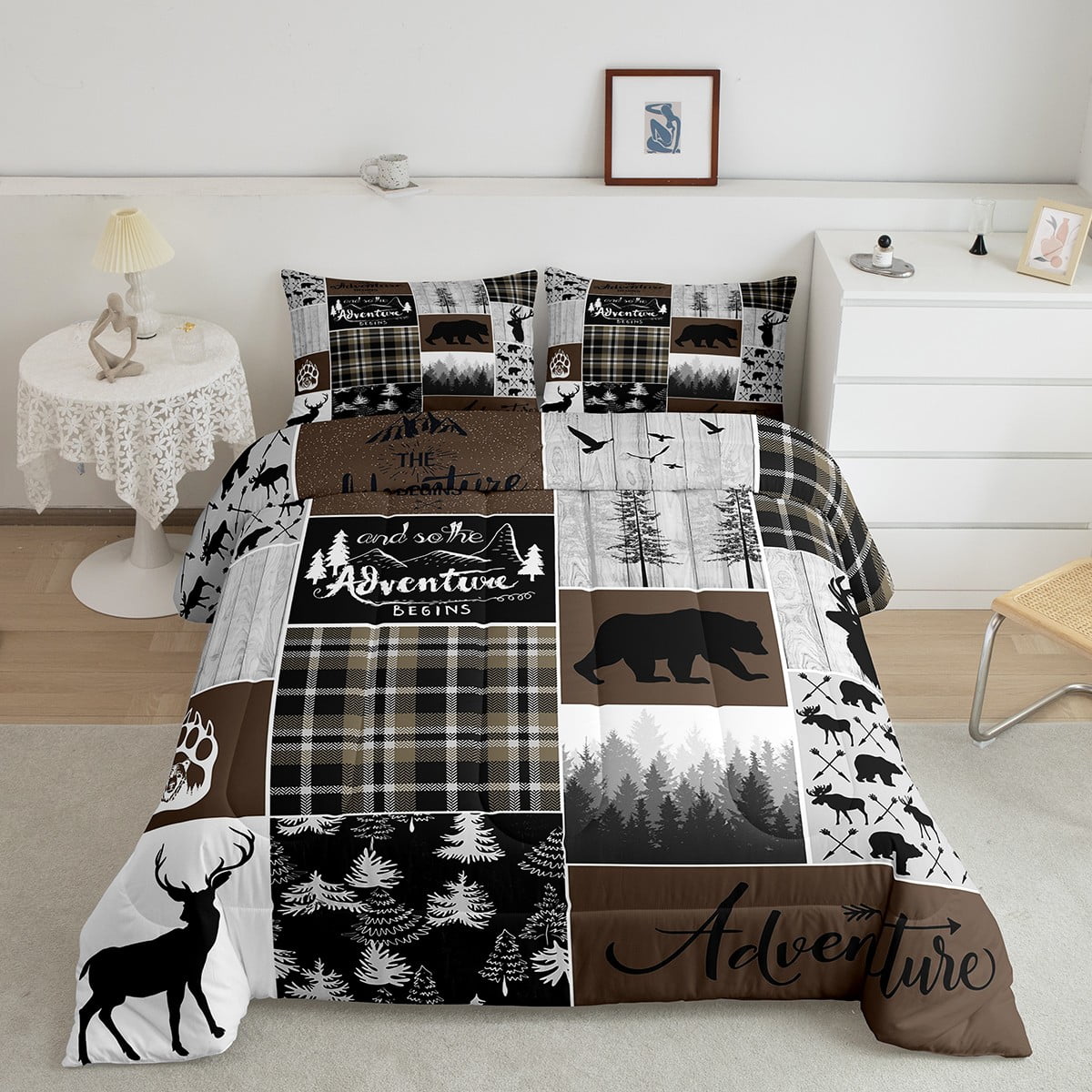 Hunting Bear Deer Bedding Comforter Sets, Rustic Cabin Patchwork ...