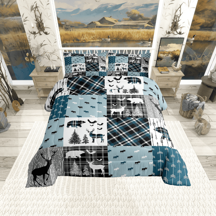 Hunting Bear Deer Bedding Set,Blue Buffalo Plaid Comforter Set King Rustic Lodge Cabin Patchwork ...