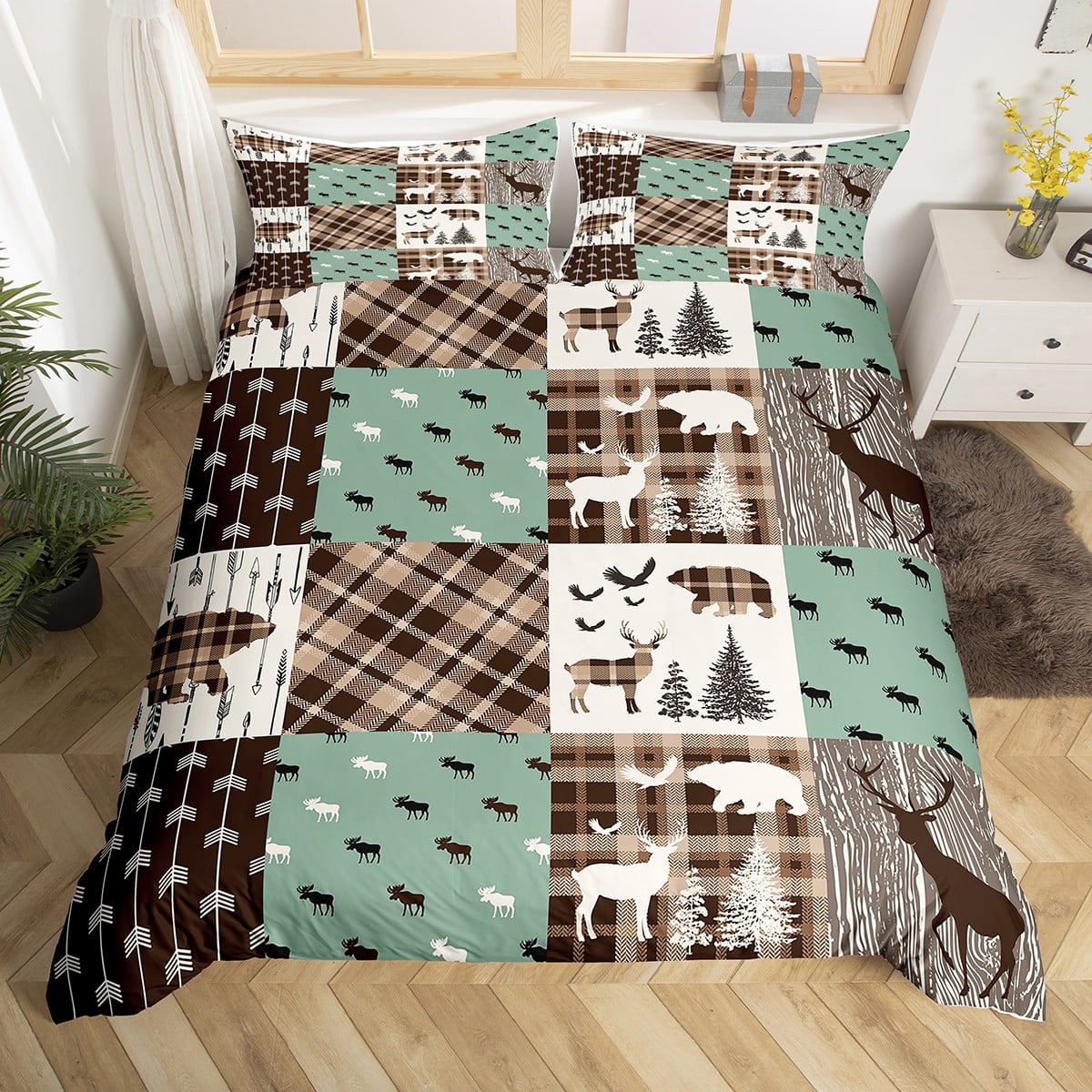 Hunting Bear Deer Bedding Set,Brown Buffalo Plaid Duvet Cover King Rustic Lodge Cabin Patchwork ...