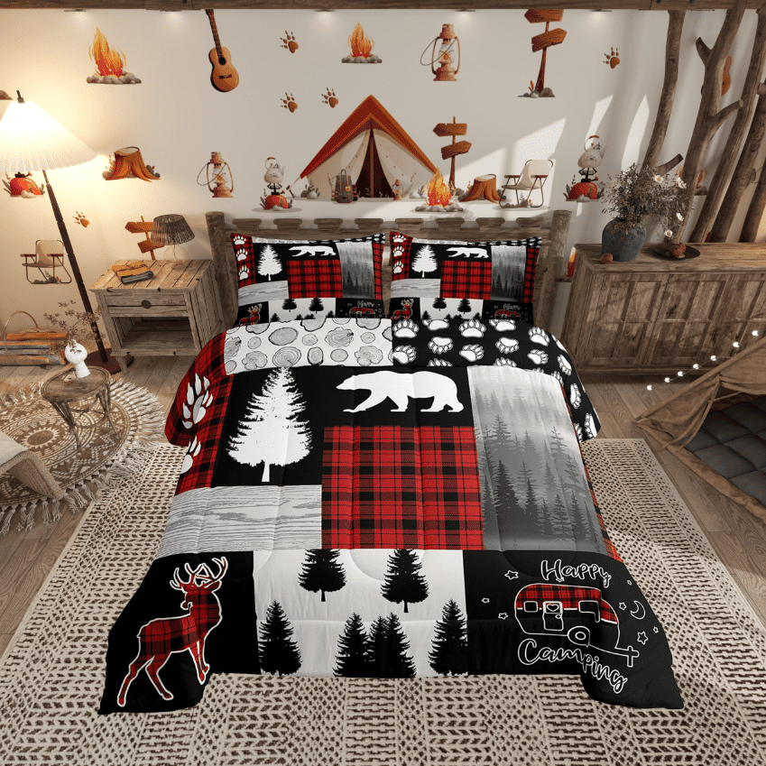 Hunting Bear Deer Bedding Set Patchwork Red Black Buffalo Plaid Comforter Set Twin,Rustic Cabin ...