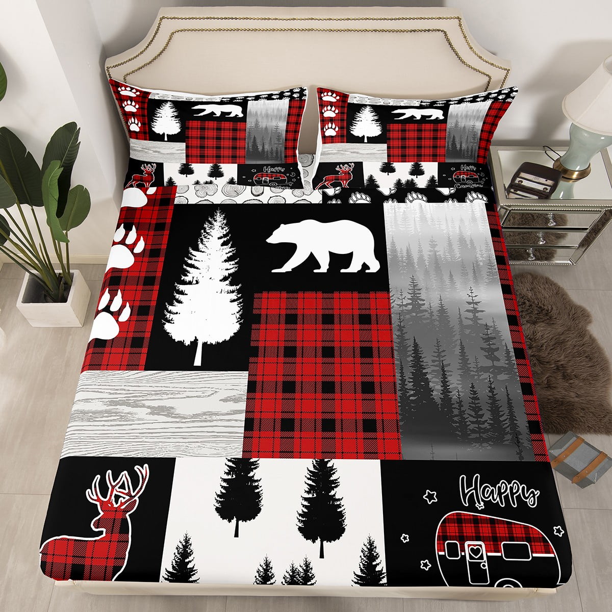 Hunting Bear Deer Bedding Set Patchwork Red Black Buffalo Plaid Fitted ...