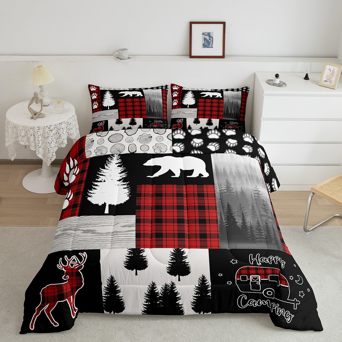 Hunting Bear Deer Comforter Set Red Black Buffalo Plaid Rustic Cabin ...