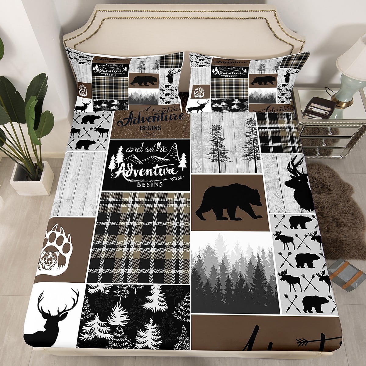 Hunting Bear Deer Fitted Sheet, Rustic Cabin Patchwork Bedding Set Twin ...