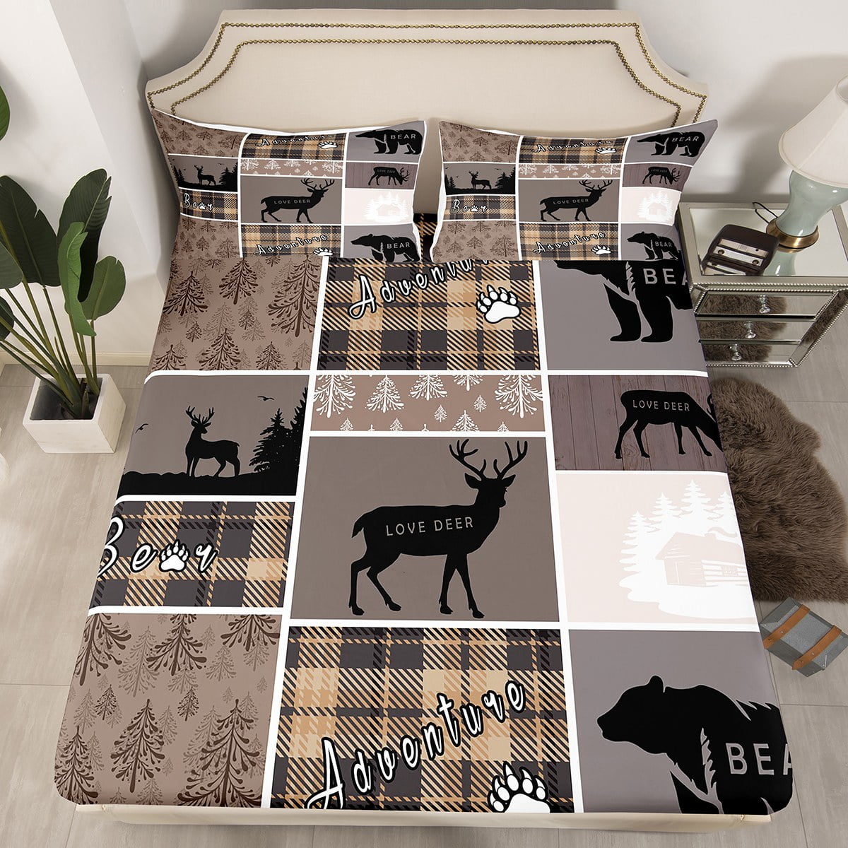 Hunting Bear Fitted Sheet For Boys, Rustic Cabin Lodge Bedding Set ...