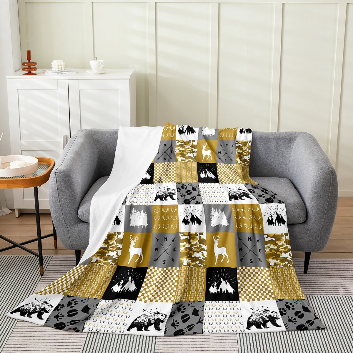 Hunting Bear Flannel Fleece Blanket, Yellow Black Grey Buffalo Grid ...