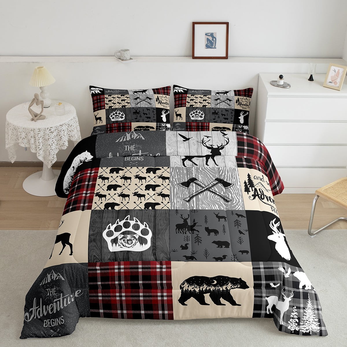 Hunting Bear Queen Bedding Sets, Rustic Deer Elk Comforter Set Country ...