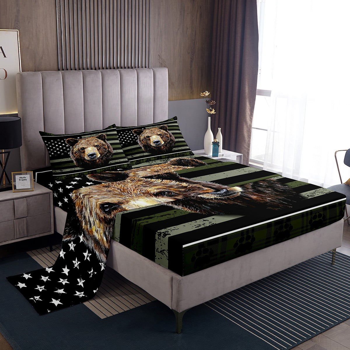 Hunting Bear Twin Bed Sheets Black Army Green American Flag Wildlife ...