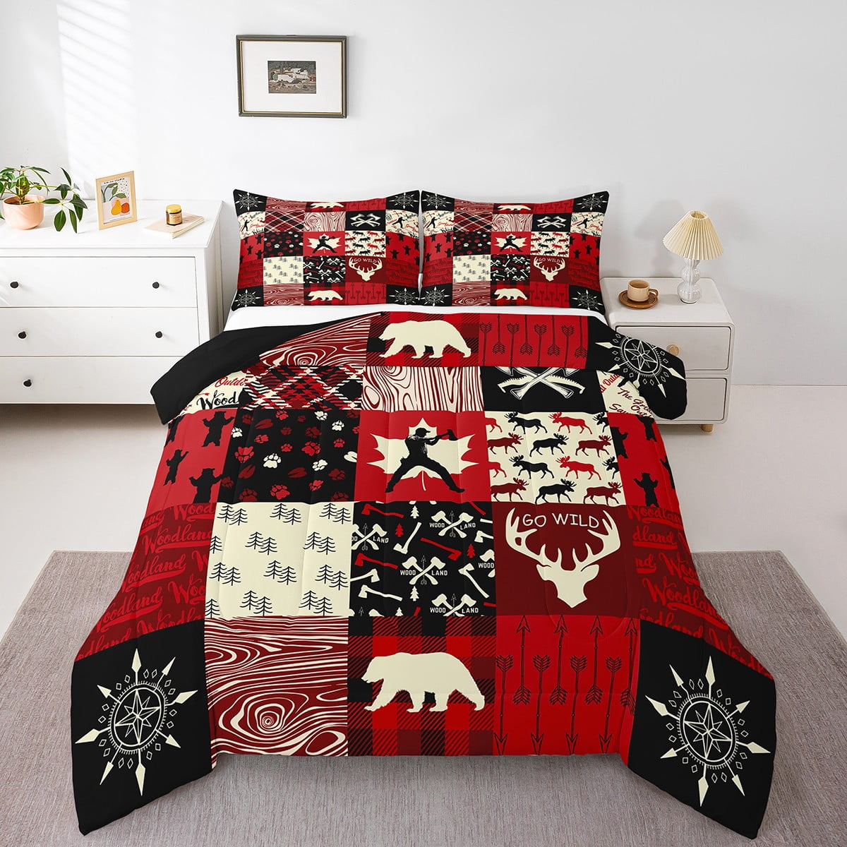Hunting Comforter Set Toddler Bear Deer Bedding For Kids Wildlife Wood Plaid Lumberjack Bedding ...