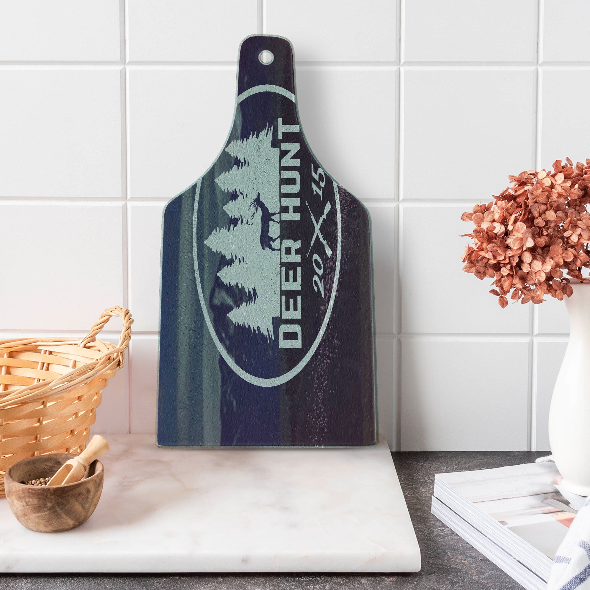 Hunting Cutting Board, Deer Hunt Emblem Design Pines with Antler ...