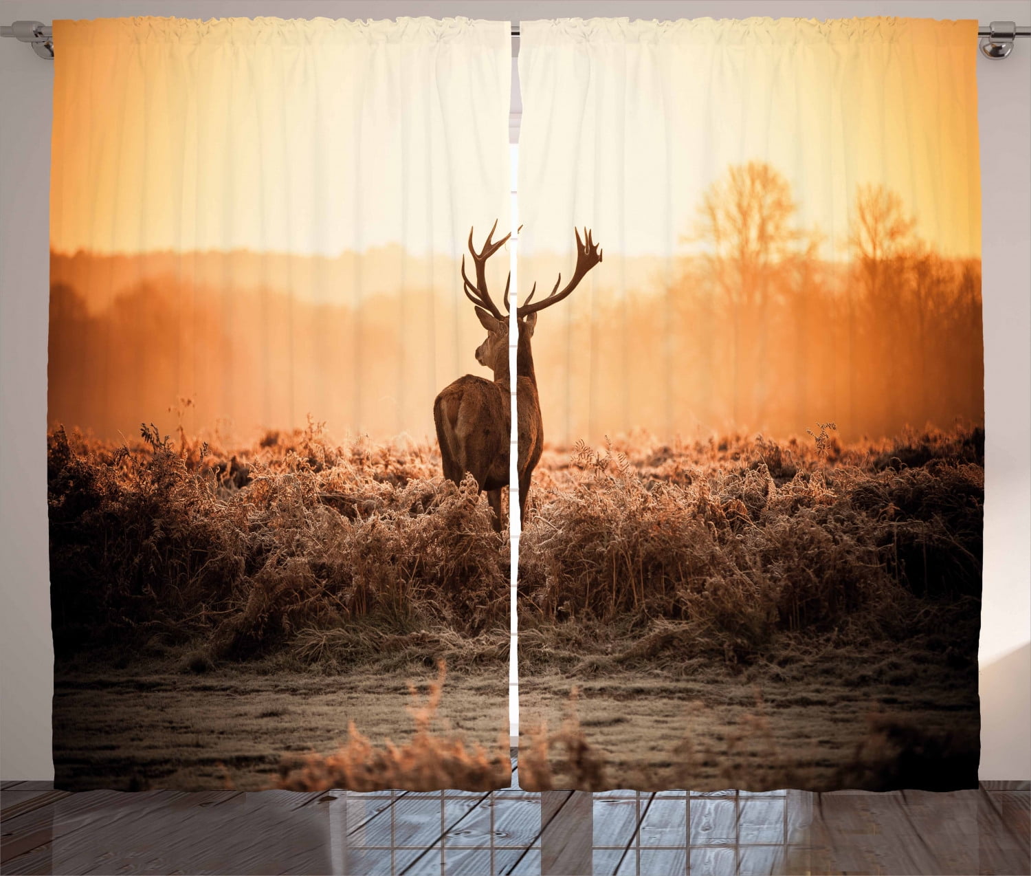 Ambesonne Hunting Curtains 2 Panel Set, Deer Morning Sun, 108" x 84 ...