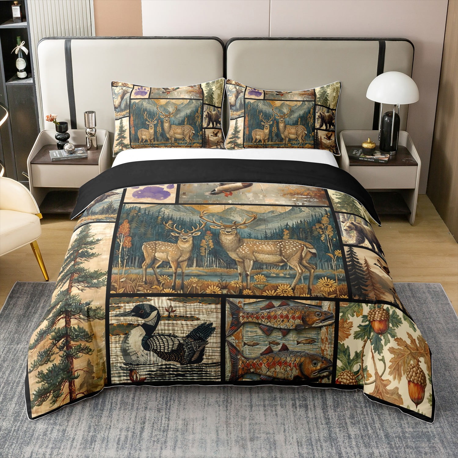 Hunting Deer Bear 100% Cotton Duvet Cover Queen Size, Rustic Mallard ...