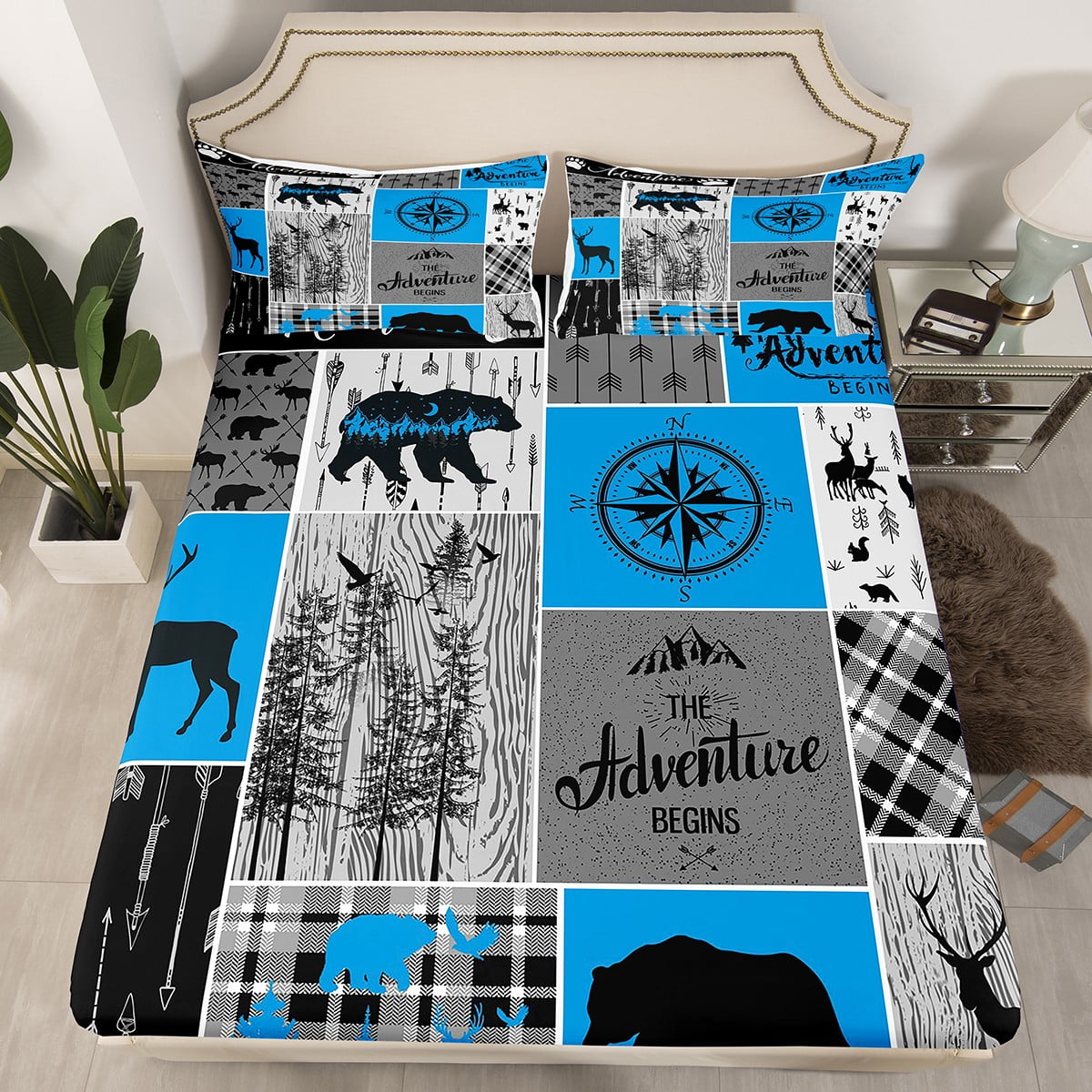 Hunting Deer Bear Bed Sheets , Retro Rustic Farmhouse Fitted Sheet ...
