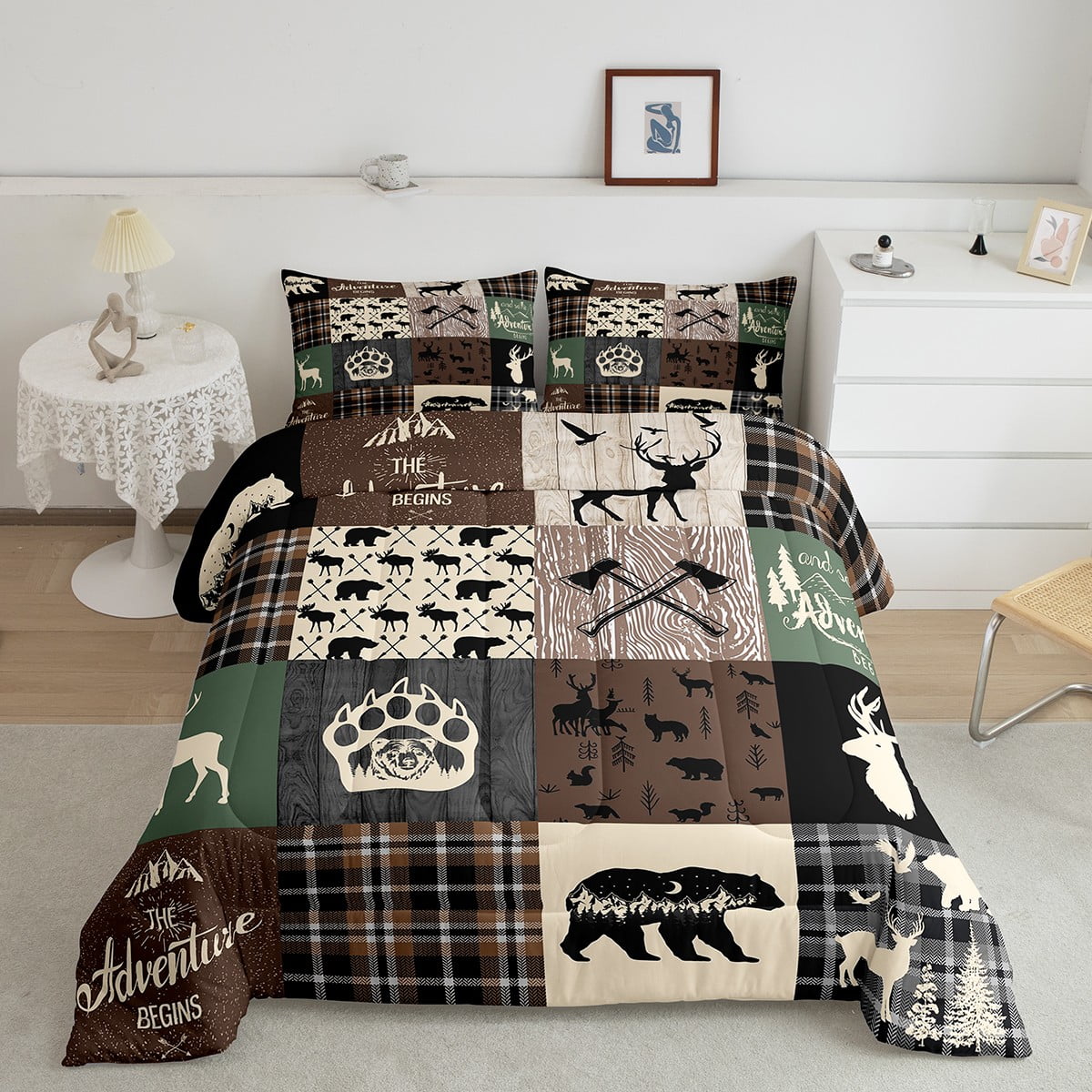 Hunting Deer Bear Bedding Sets, Rustic Farmhouse Comforter Set Cabin Decor, Vintage Buffalo ...