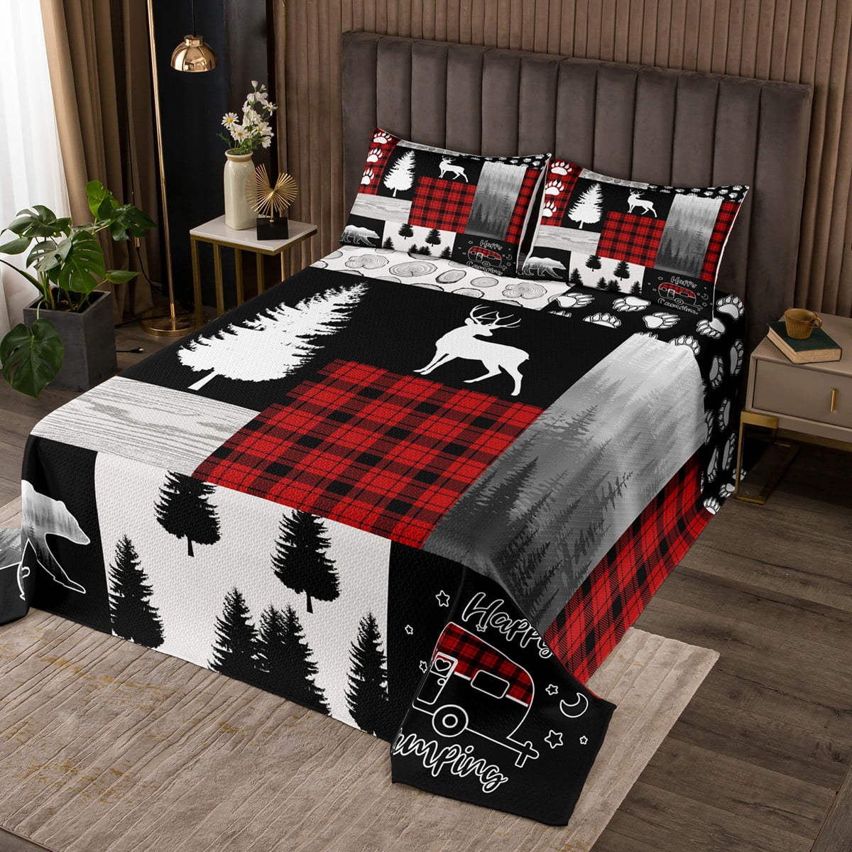 Hunting Deer Bear Bedspread Set Red Black Buffalo Plaid Rustic Cabin ...