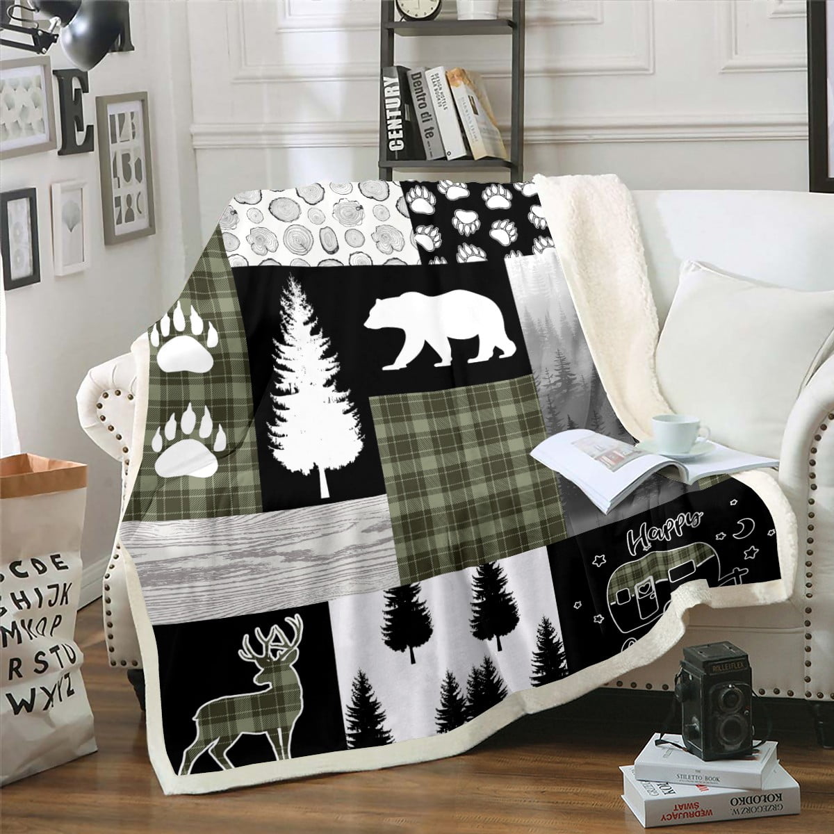Hunting Deer Bear Blanket,Woodland Animals Rustic Cabin Throw Blanket ,Green Buffalo Plaid ...