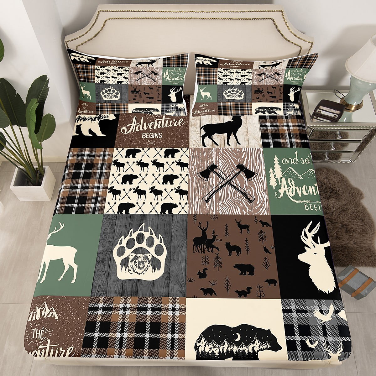 Hunting Deer Bear Fitted Sheet, Rustic Farmhouse Bedding Set Cabin ...