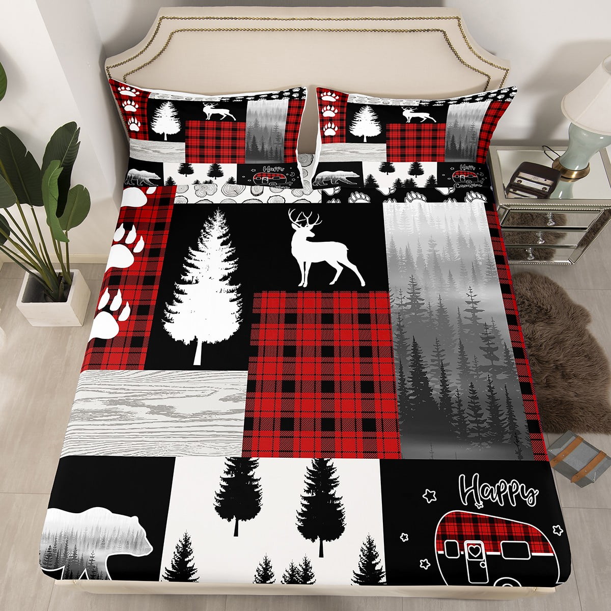 Hunting Deer Bear Fitted Sheet Red Black Buffalo Plaid Rustic Cabin ...