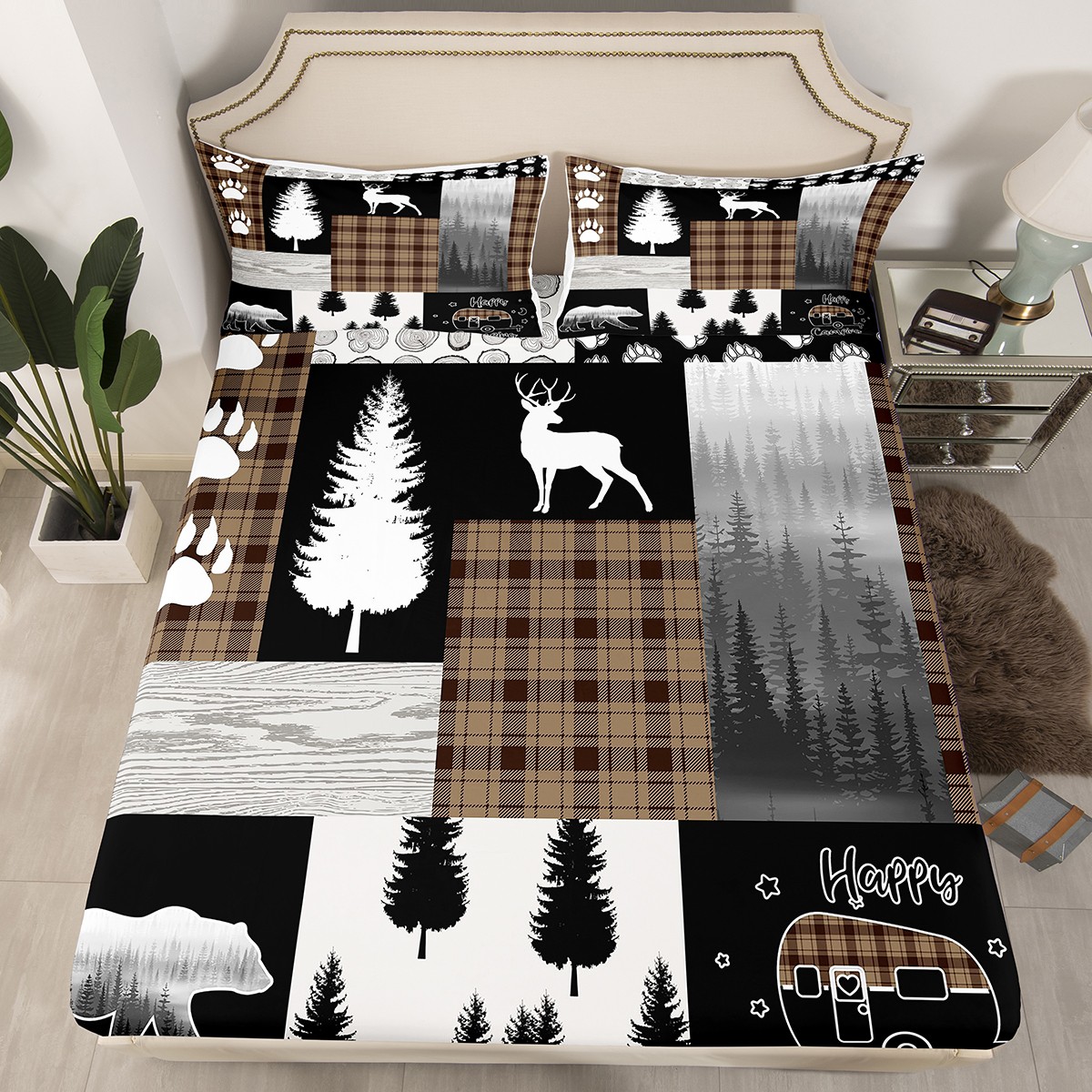 Hunting Deer Bear Fitted Sheet Twin Size,Woodland Animal Rustic Cabin ...