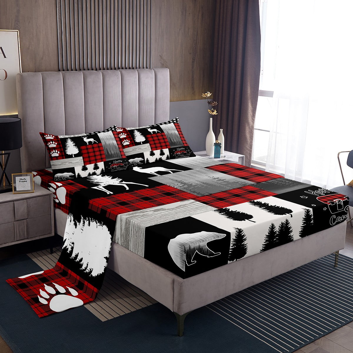 Hunting Deer Bear Sheet Set Patchwork Red Black Buffalo Plaid Bed ...