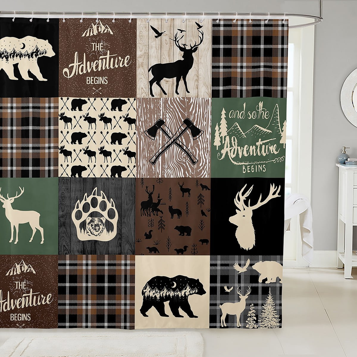 Hunting Deer Bear Shower Curtain, Rustic Farmhouse Bath Curtain Cabin ...