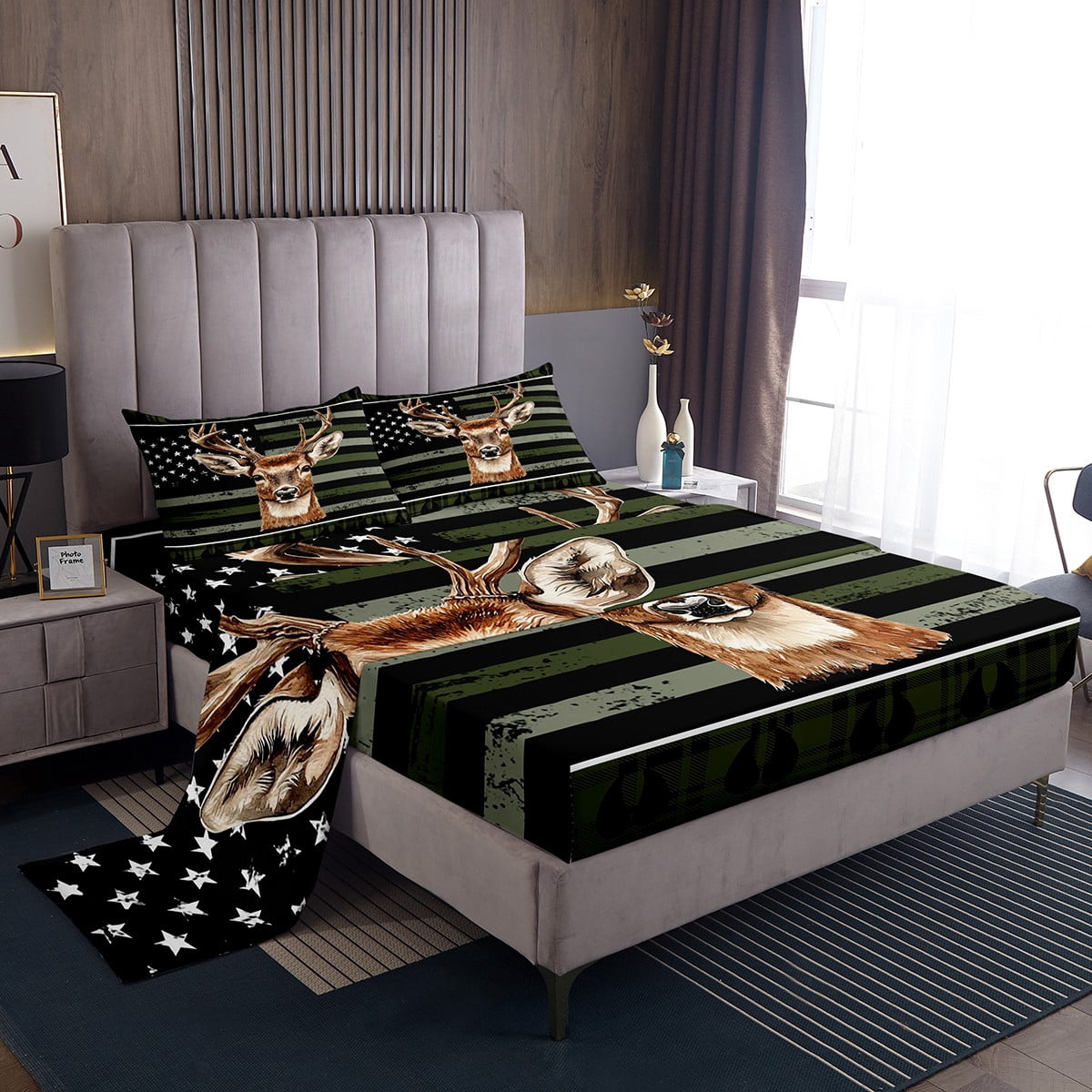 Hunting Deer Bed Sheets Twin Black Army Green American Flag Animal ...