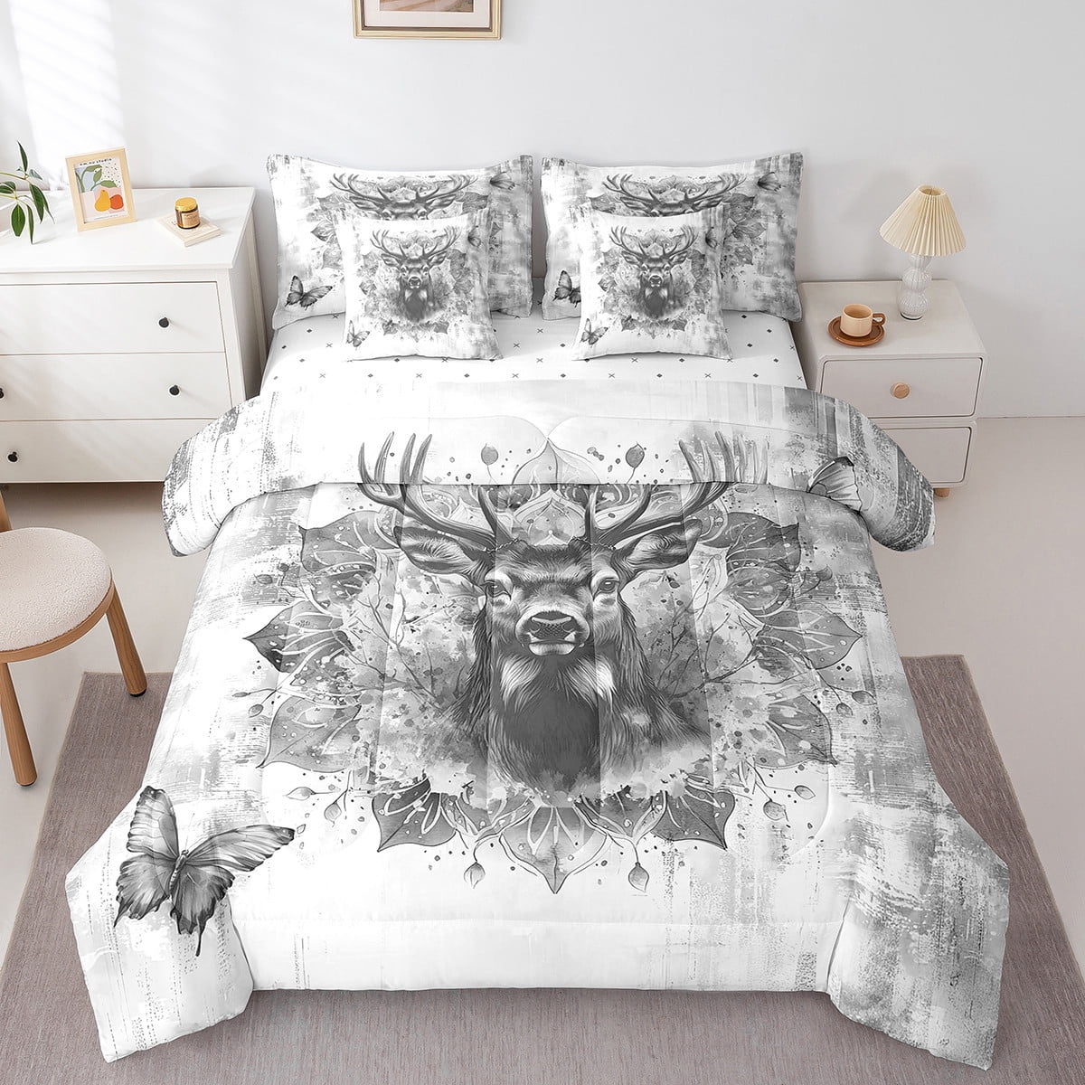 Hunting Deer Bedding Comforter Sets 7pcs Woodland Animal Bed in a Bag Teens,Grey Ombre Mandala ...