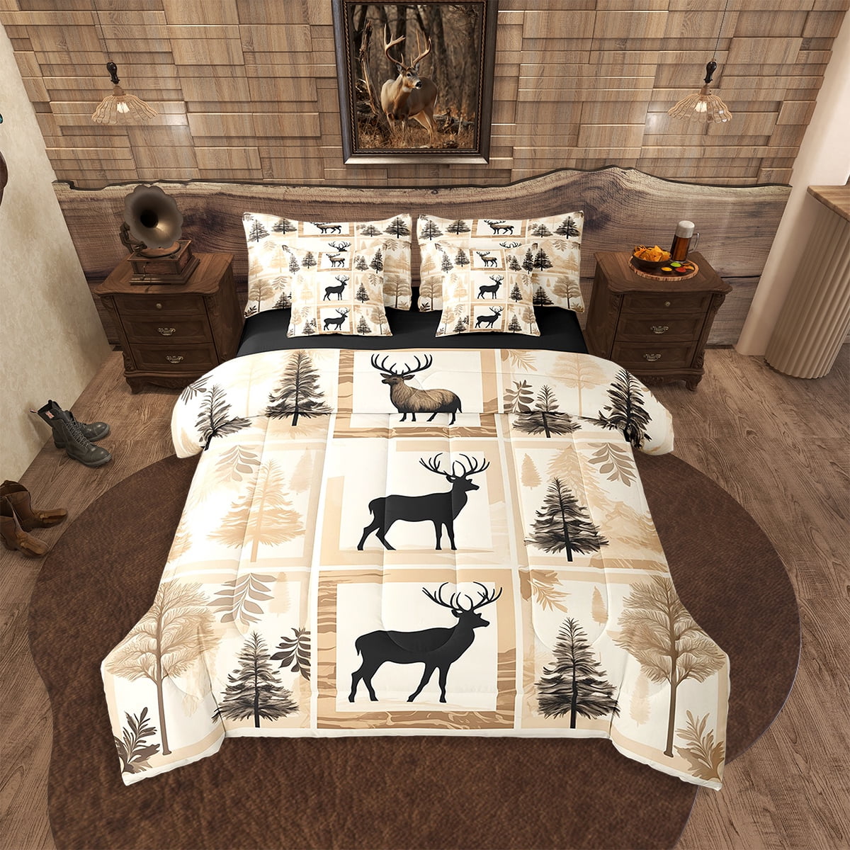Hunting Deer Bedding Set Twin Size 7 Pcs,Rustic Cabin Lodge Bed in a Bag with Flat Fitted Sheet ...