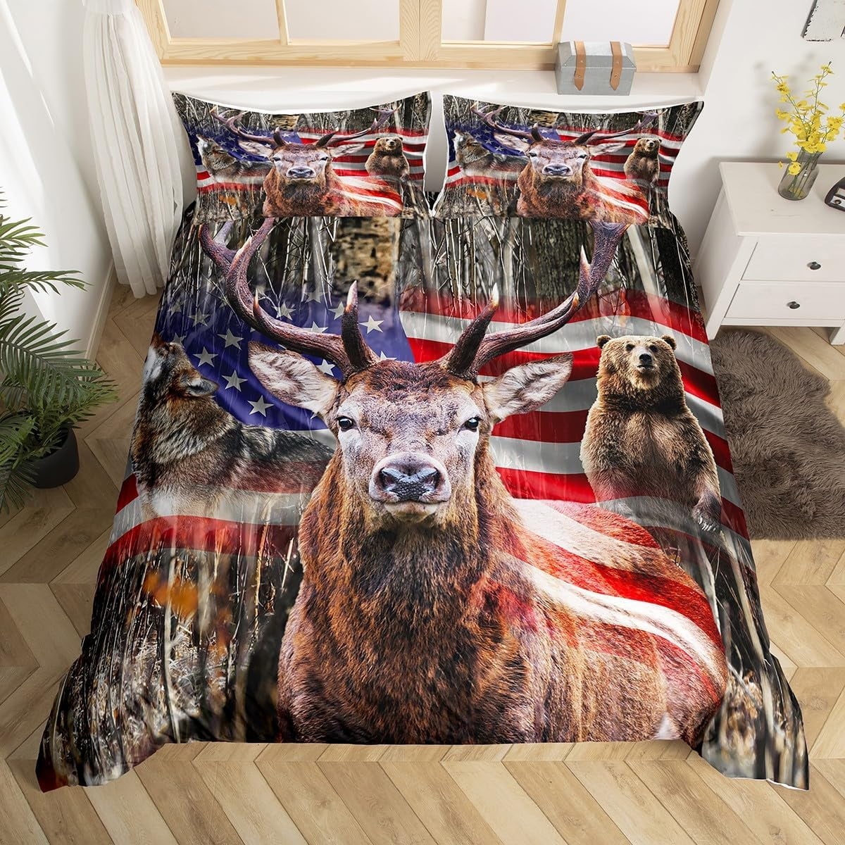Hunting Deer Bedding Sets for Boys Kids,United States Flag Duvet Cover ...