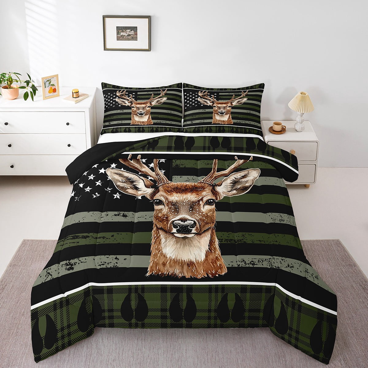 Hunting Deer Comforter Set Queen Black Army Green American Flag Animal ...