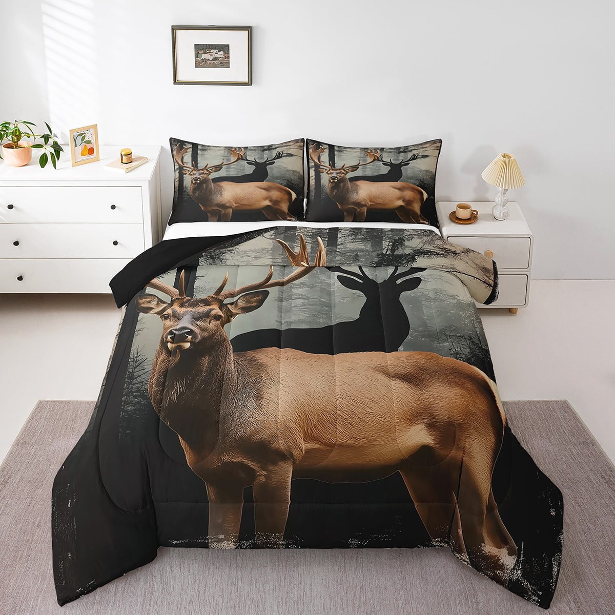 Hunting Deer Comforter Set Queen Size Hunting Themed Bedding Sets for Adult Women Teen Wildlife ...
