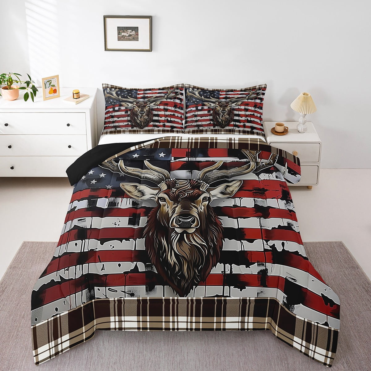 Hunting Deer Comforter Set Toddler American Flag Bedding Set Rustic ...