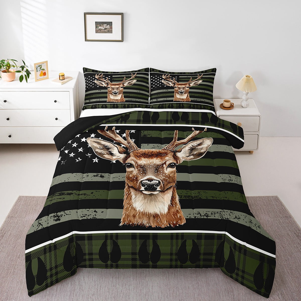 Hunting Deer Comforter Set Twin Black Army Green American Flag Animal ...