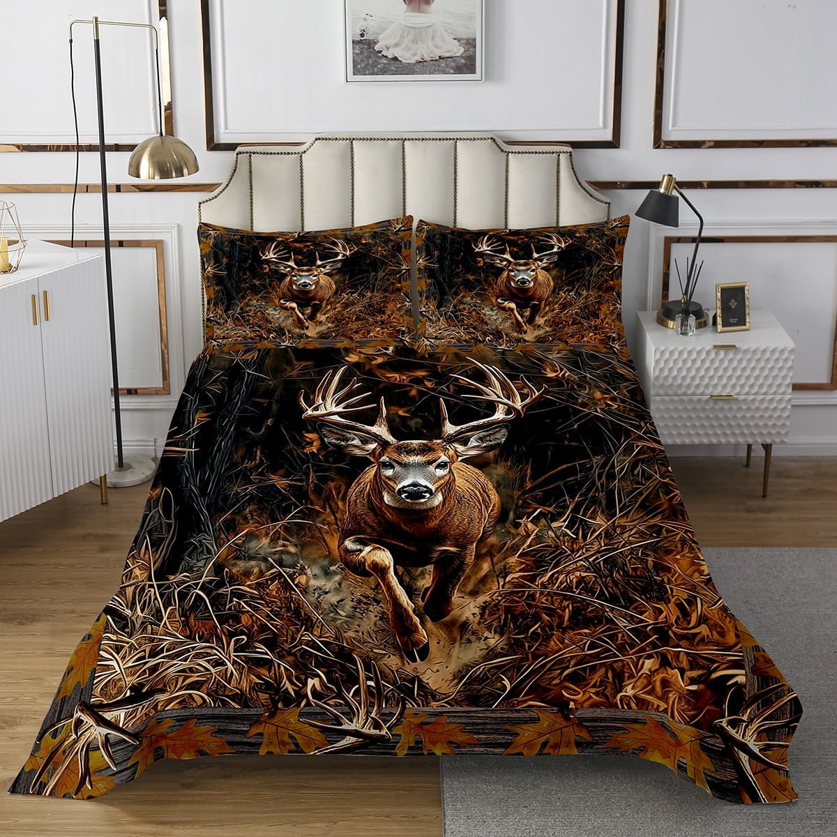 Hunting Deer Queen Quilt Set Deer And Branches Bedspread Set For Hunter ...