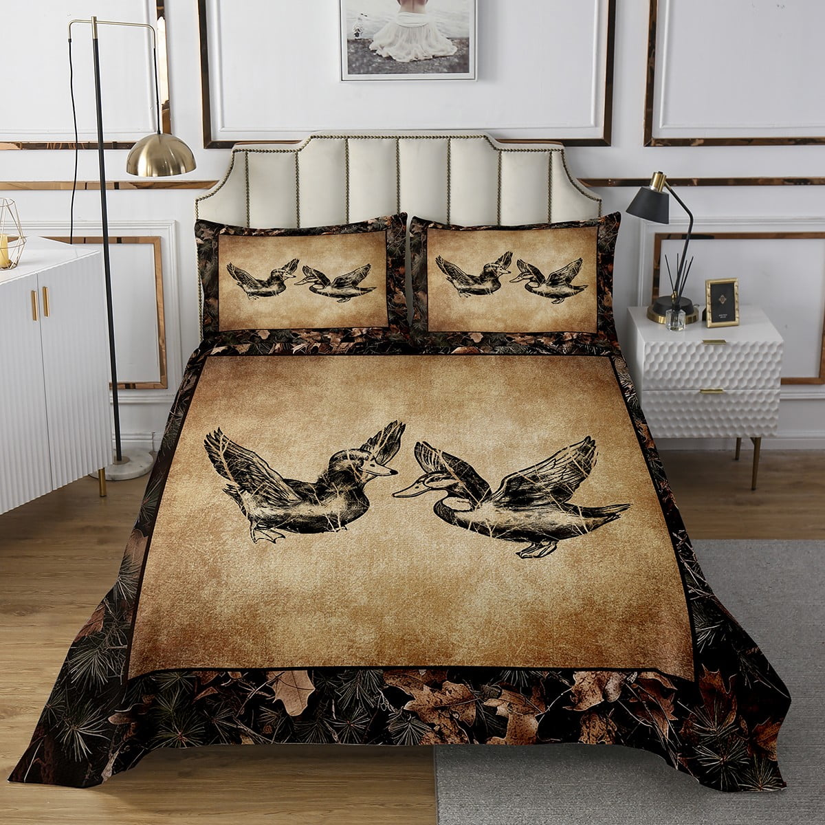 Hunting Duck Bedspread Set Queen Tree Branches Camo Mallard Duck Quilt ...