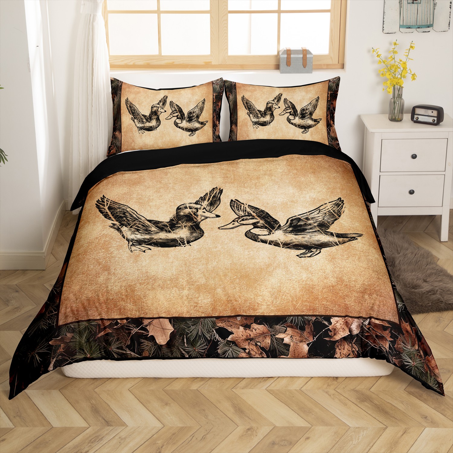 Hunting Duck Comforter Cover Queen Tree Branches Camo Mallard Duck Bedding Set For Hunter,Rustic ...