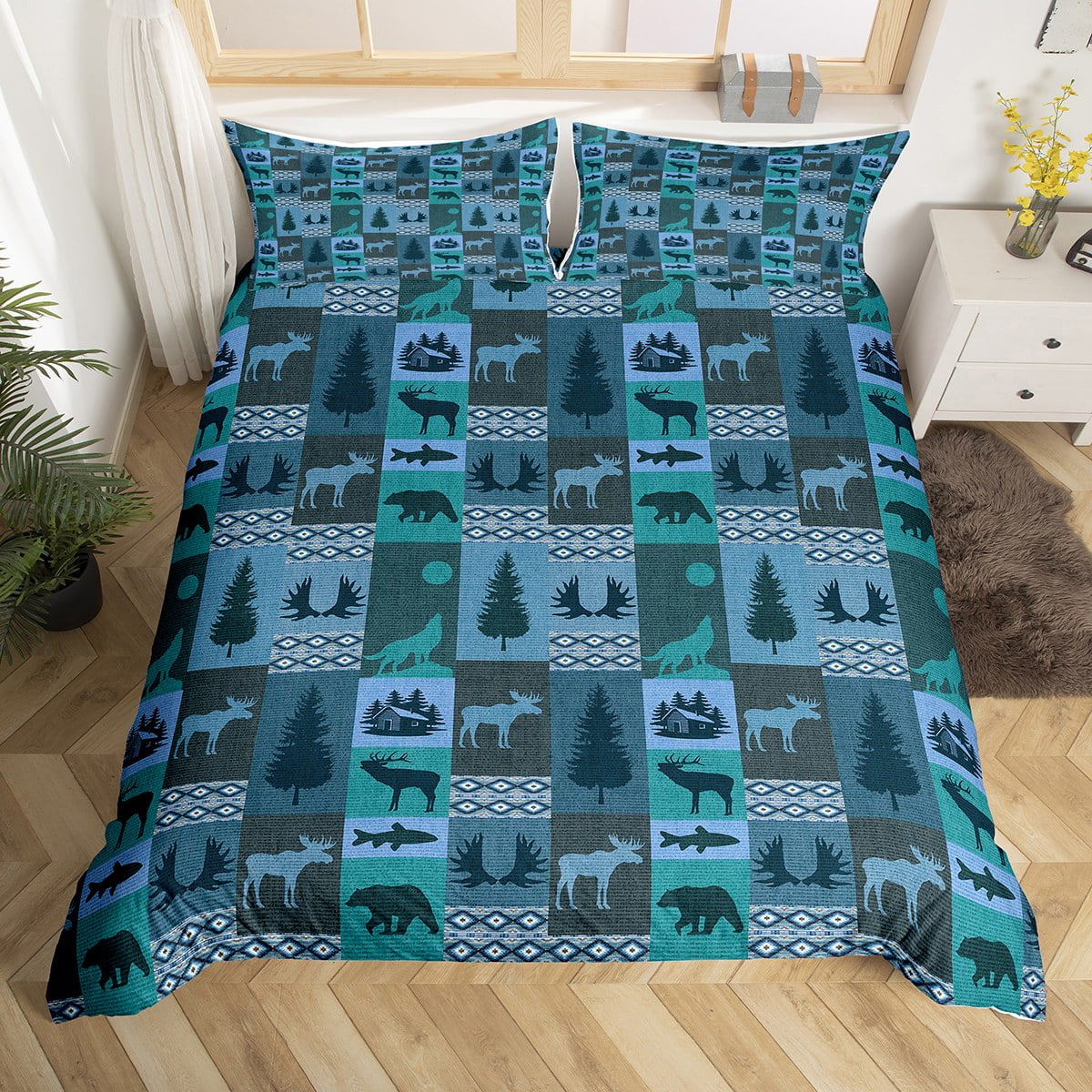 Hunting Duvet Cover Queen,Moose Wolf Elk Bedding Set Teens Youth ...