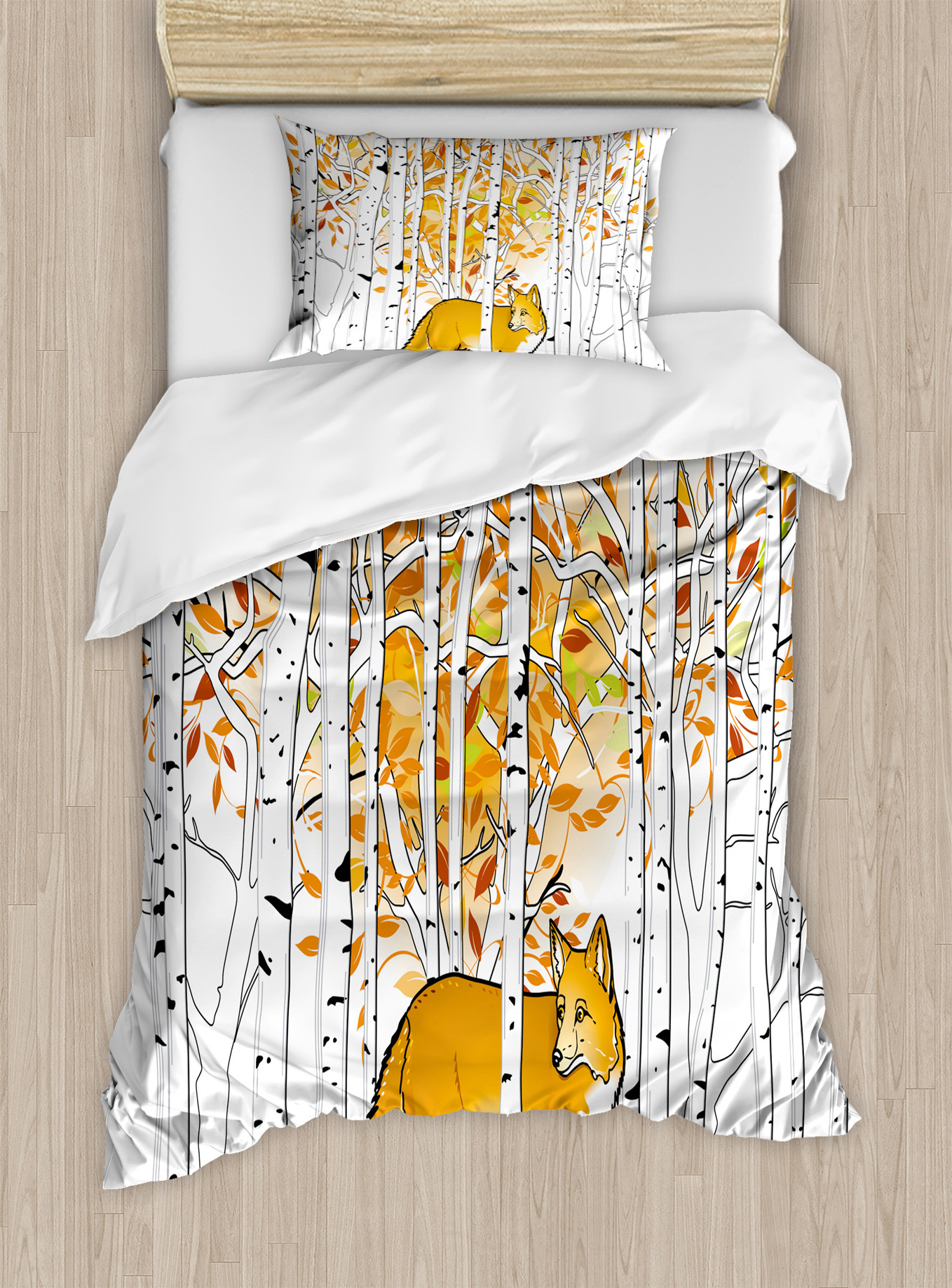 Hunting Duvet Cover Set, Fox Hunting in Autumn Forest Birch Trees ...