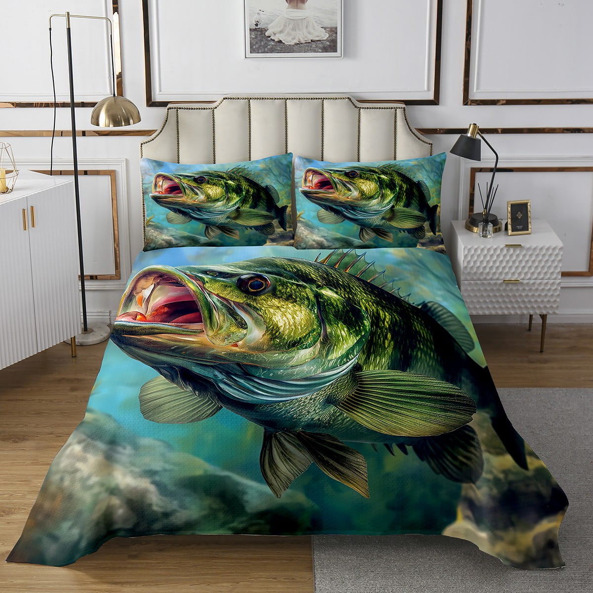 Hunting and Fishing Theme Coverlet Queen Size Pike Bass Fish Bedding ...