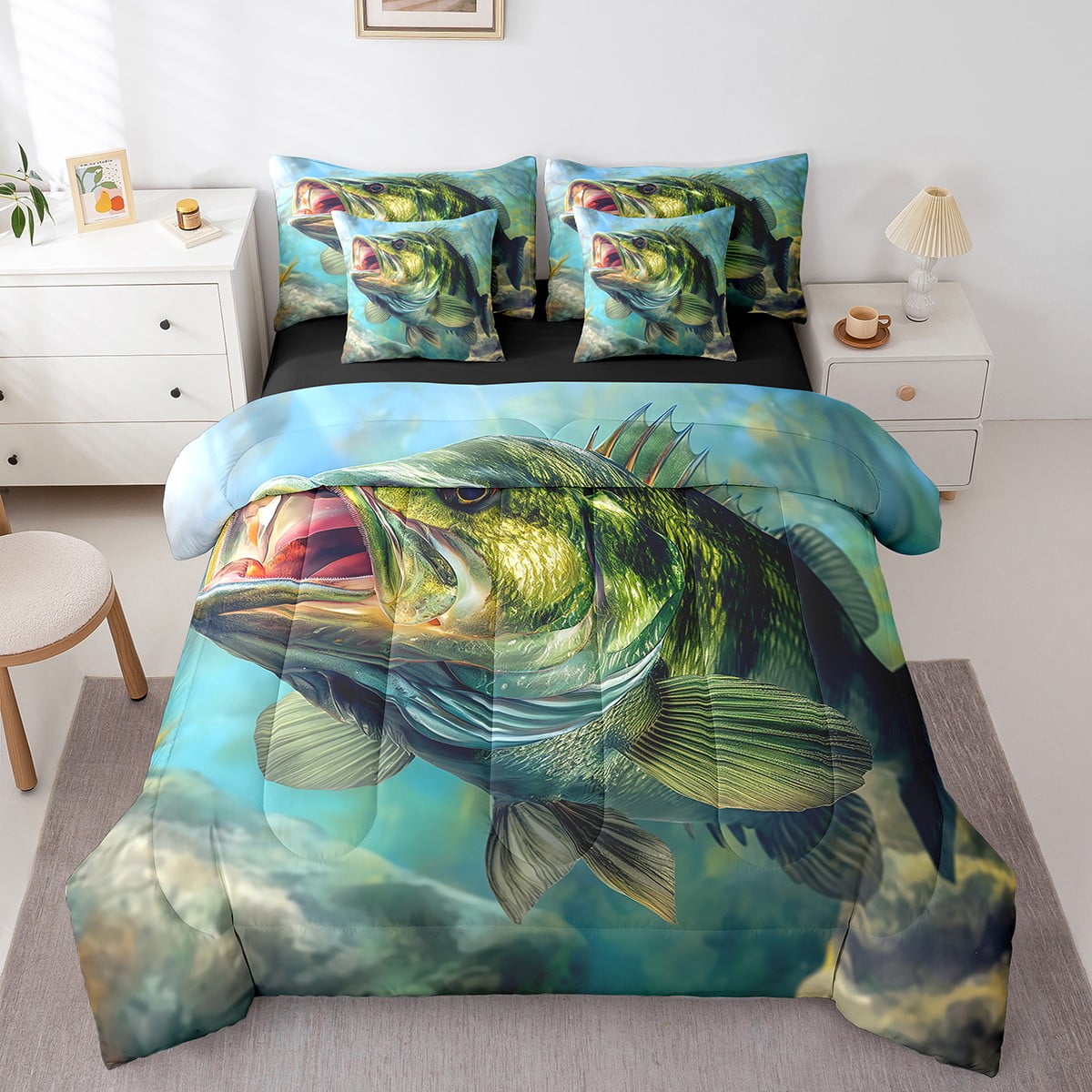 Hunting and Fishing Theme Queen Comforter Set 7 Pieces Pike Bass Fish ...