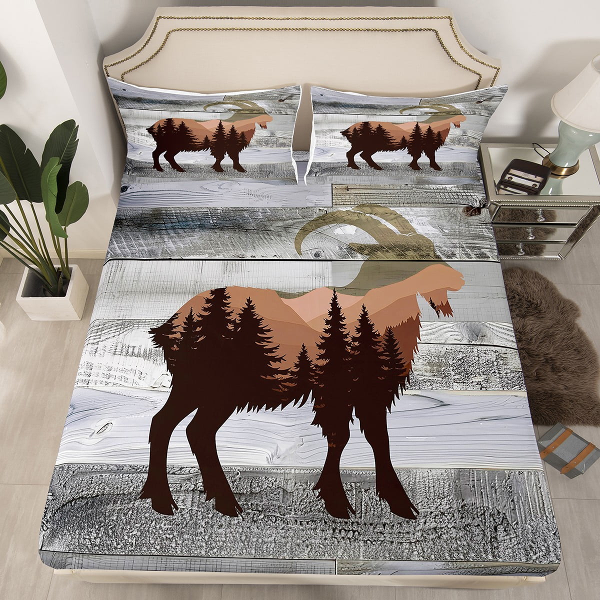 Hunting Goat Fitted Sheet Twin Size, Safari Animals Wooden Plank Soft ...