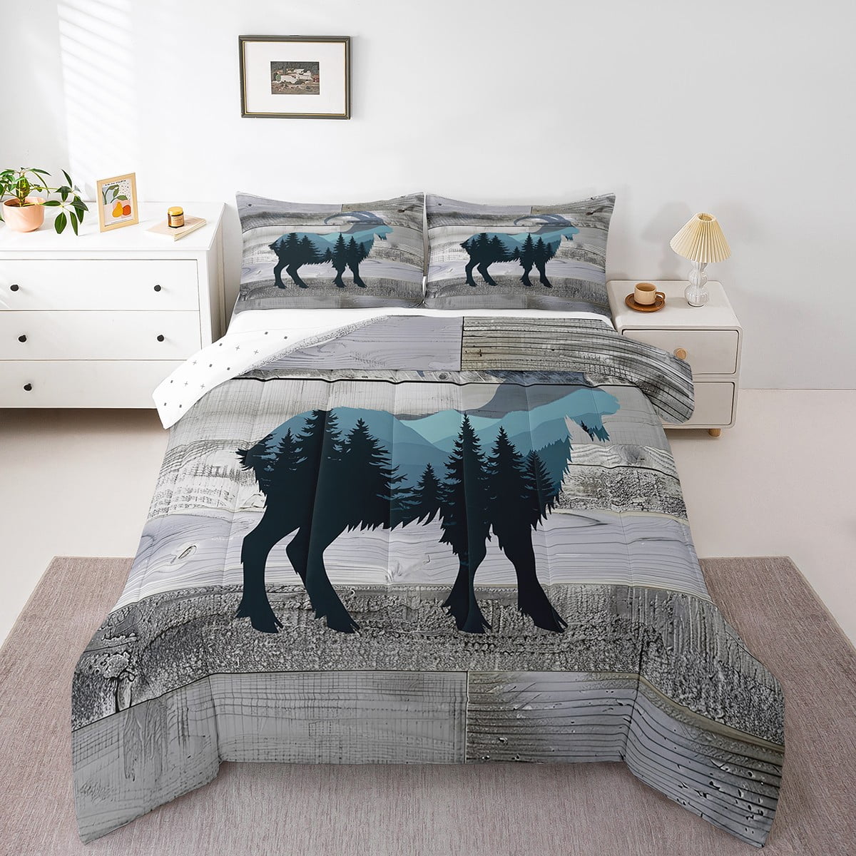 Hunting Goat Full Size Comforter Set, Wildlife Rustic Animals Soft Bed ...