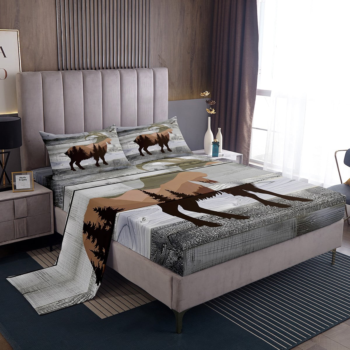 Hunting Goat Twin Size Sheet Sets 3pcs, Safari Animals Wooden Plank ...