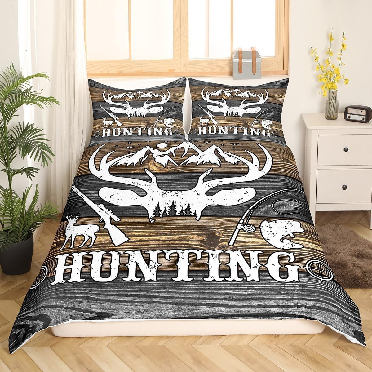Hunting Theme Bedding Set Wild Animal Bass Fish Deer Silhouette Decor Duvet Cover Western Rustic ...