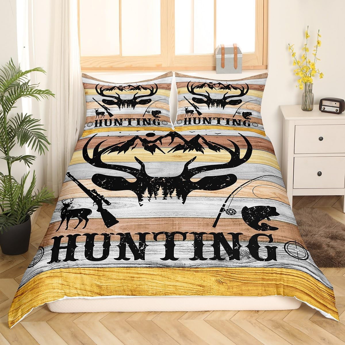 Hunting Theme Bedding Wild Animal Deer Bass Fish Bedding Set Western Rustic Farmhouse Decor ...